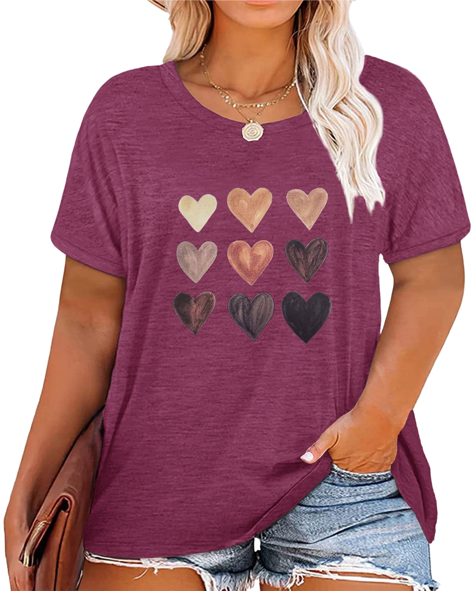 Anbech Cute Heart T-Shirts for Women Plus Size Graphic LOVE Short ...