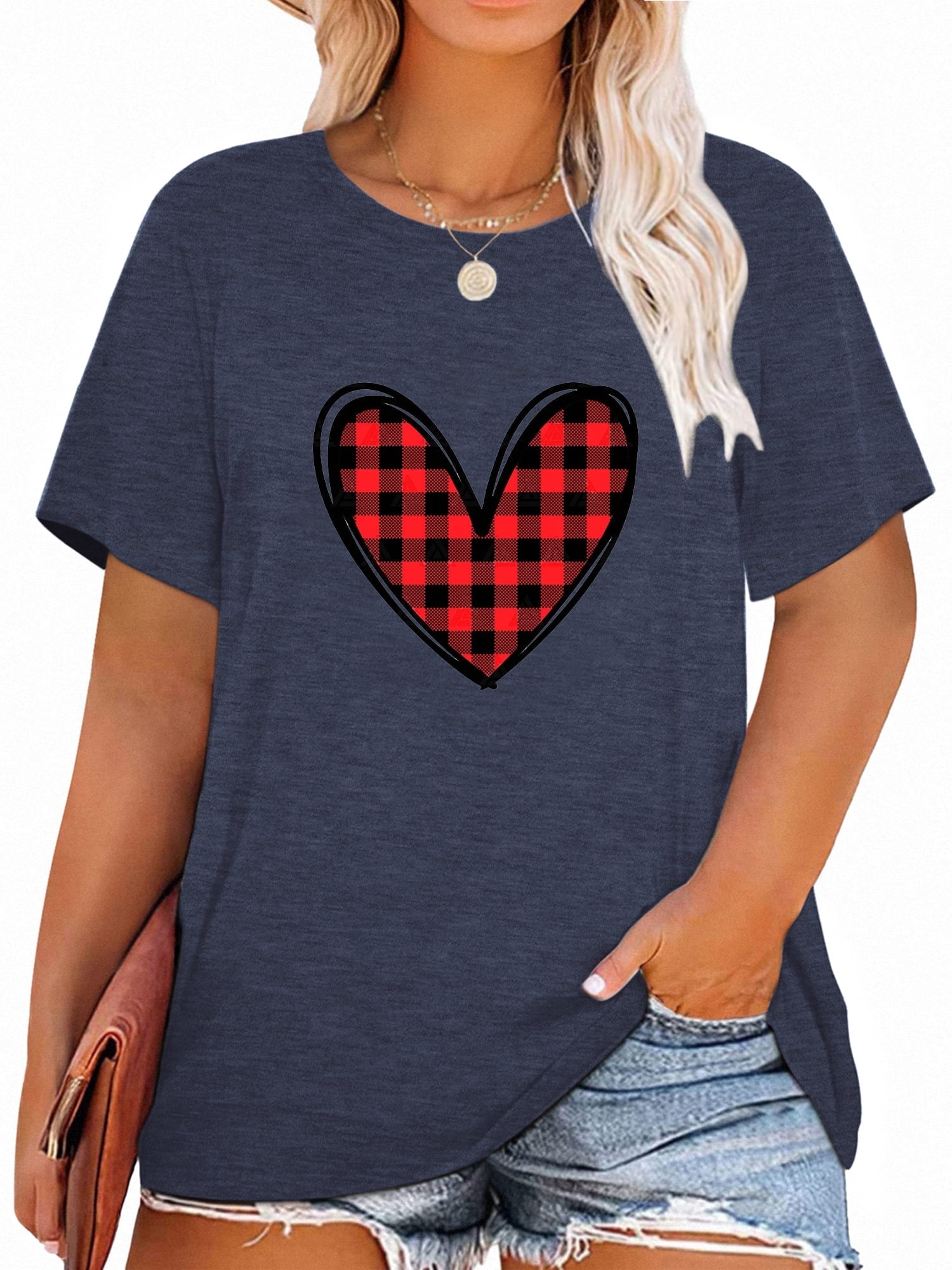 Anbech Women Plus Size Heart T-Shirts Graphic Lovely Tees Casual Summer ...
