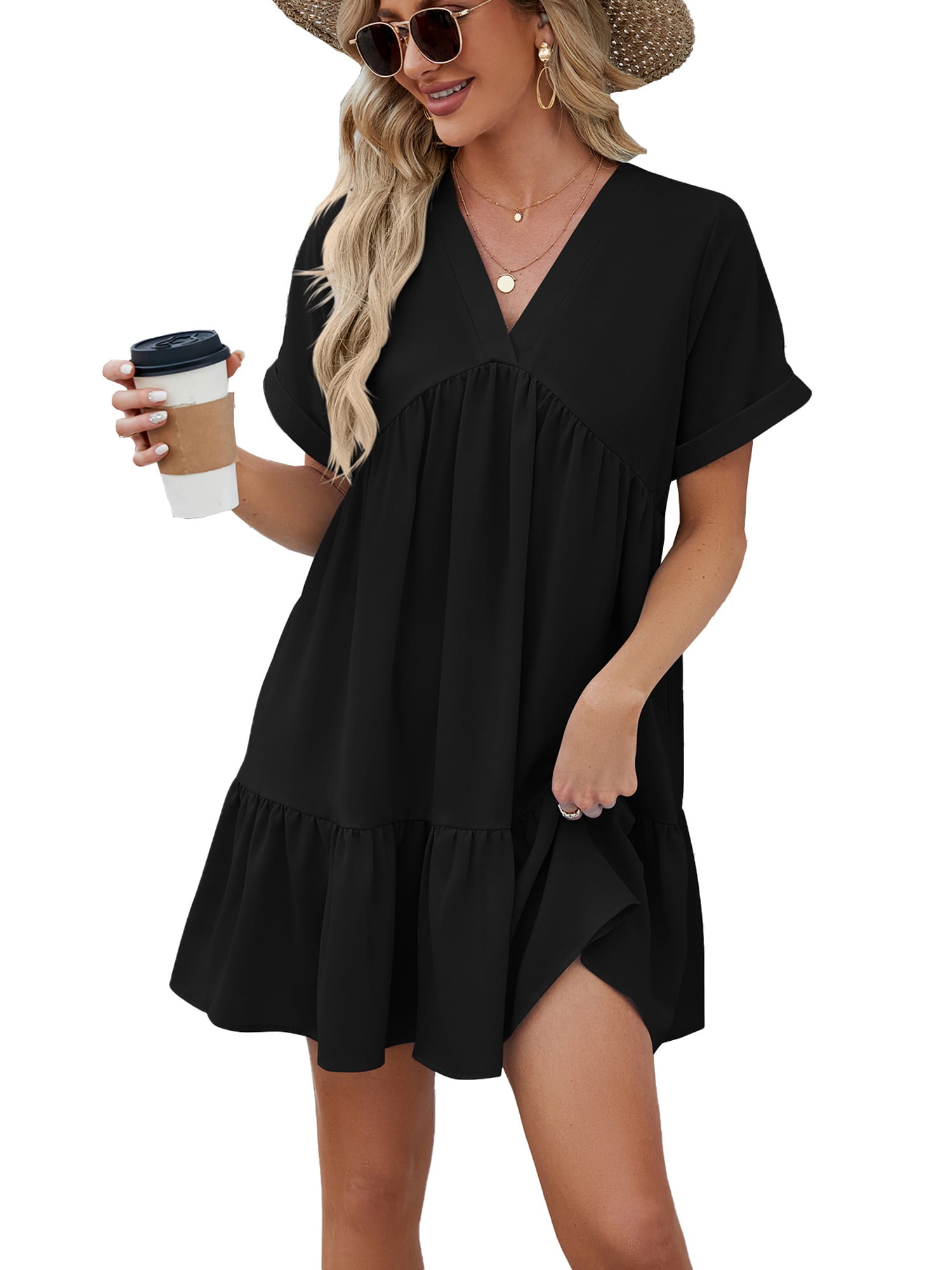 Anbech Women's Tiered Mini Dress V-Neck A-Line Ruffle Dress Pleated ...