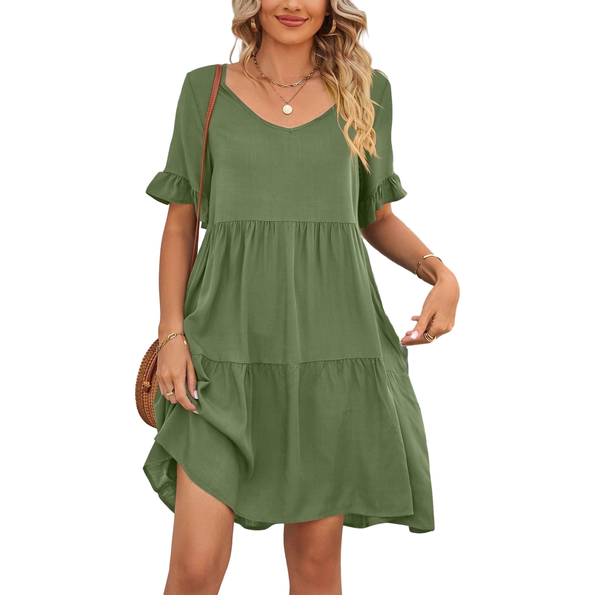 Anbech Women's Tiered Mini Dress V-Neck A-Line Ruffle Dress Pleated ...