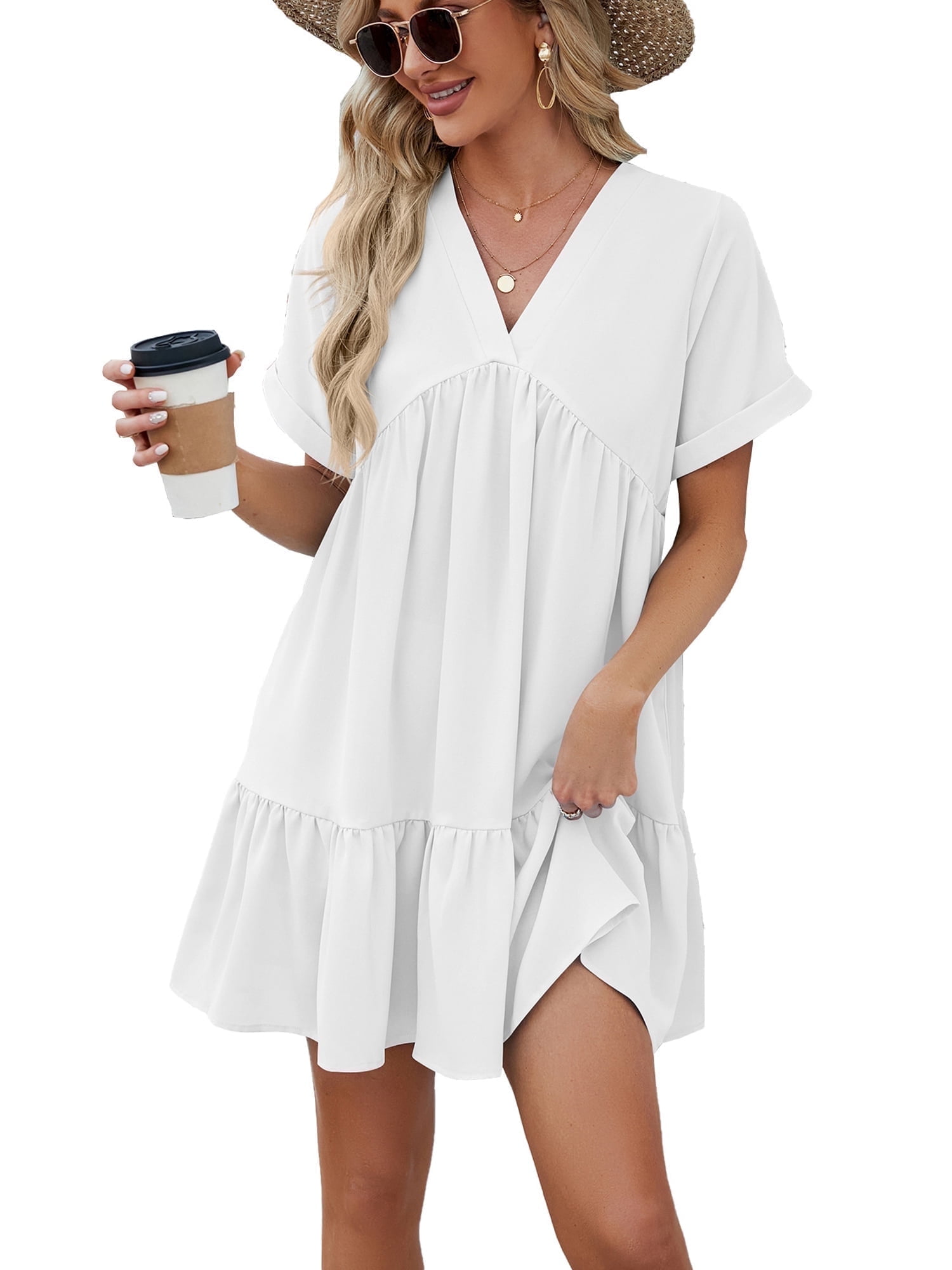 Anbech Women's Tiered Mini Dress V-Neck A-Line Ruffle Dress Pleated ...