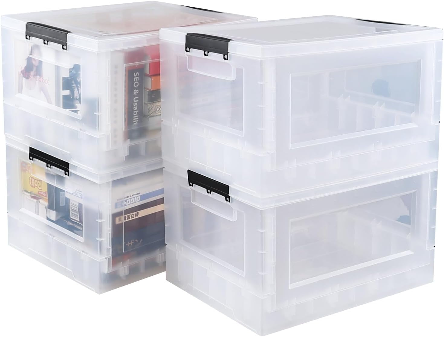 Anbers 30 Liter Clear Plastic Storage Crates with Lids, Collapsible ...