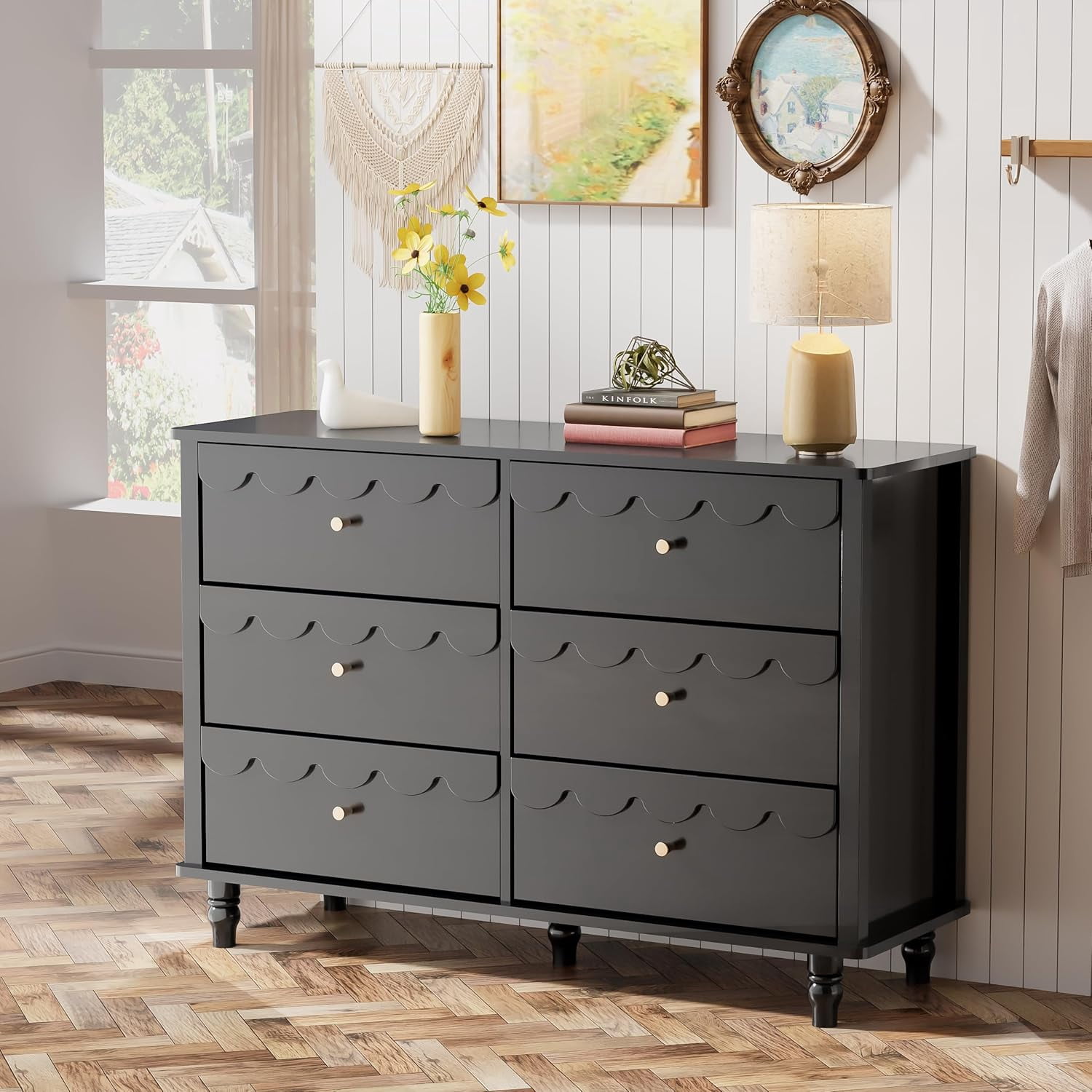 Anbuy Black 6 Drawer Dresser for Bedroom, Modern Wide Chest of Drawers ...