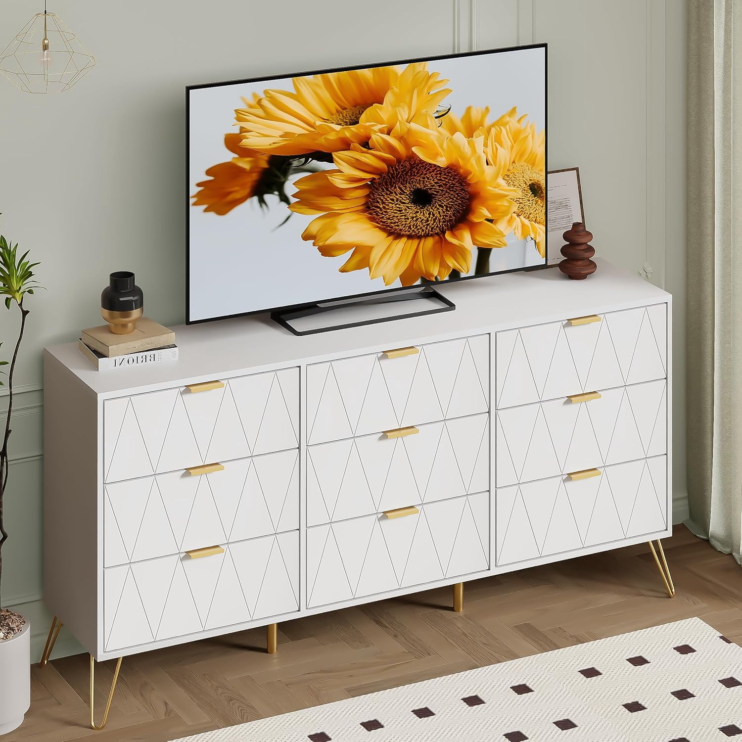 Anbuy Blue 9 Drawer Dresser for Bedroom with Gold Handles, Long Dresser ...