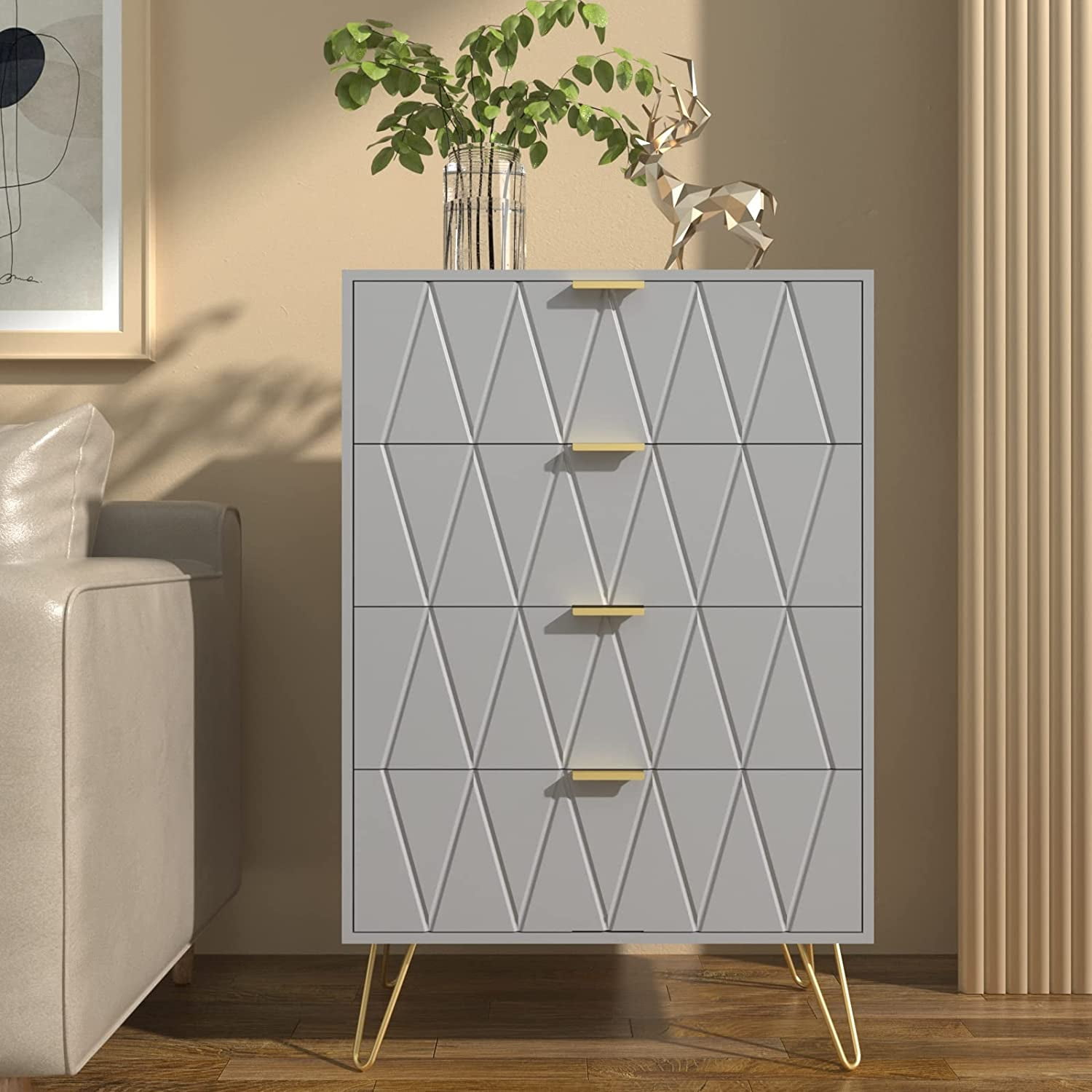 Anbuy Grey 4 Drawer Dresser, Drawer Chest, Tall Storage Dresser Cabinet ...