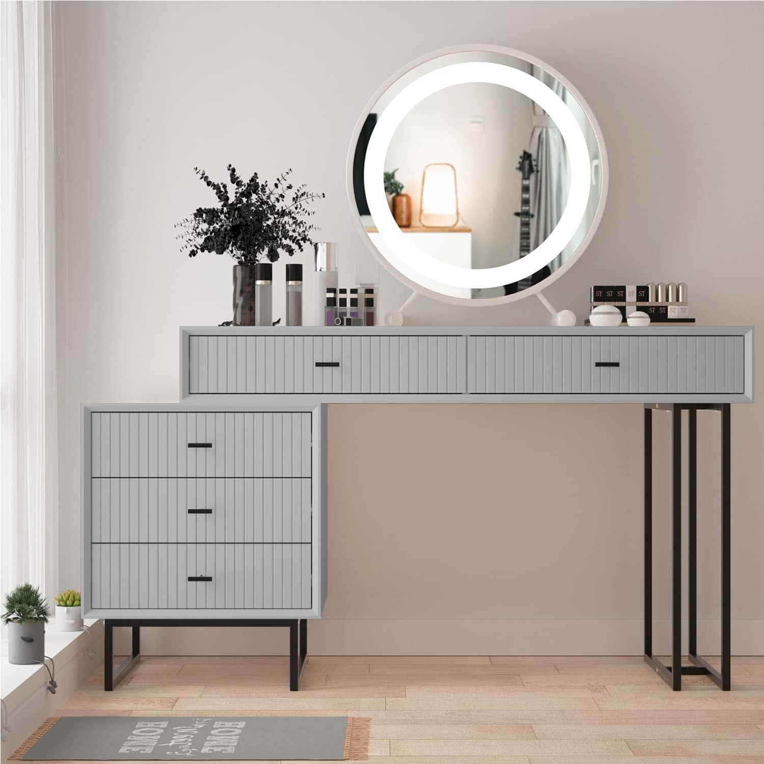 Anbuy Grey Makeup Vanity Desk Set with Drawers, Large Modern Makeup ...
