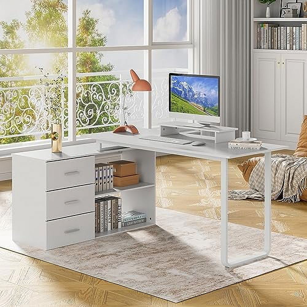Anbuy L-Shaped Desk with Monitor Stand, Large Corner Computer Office ...