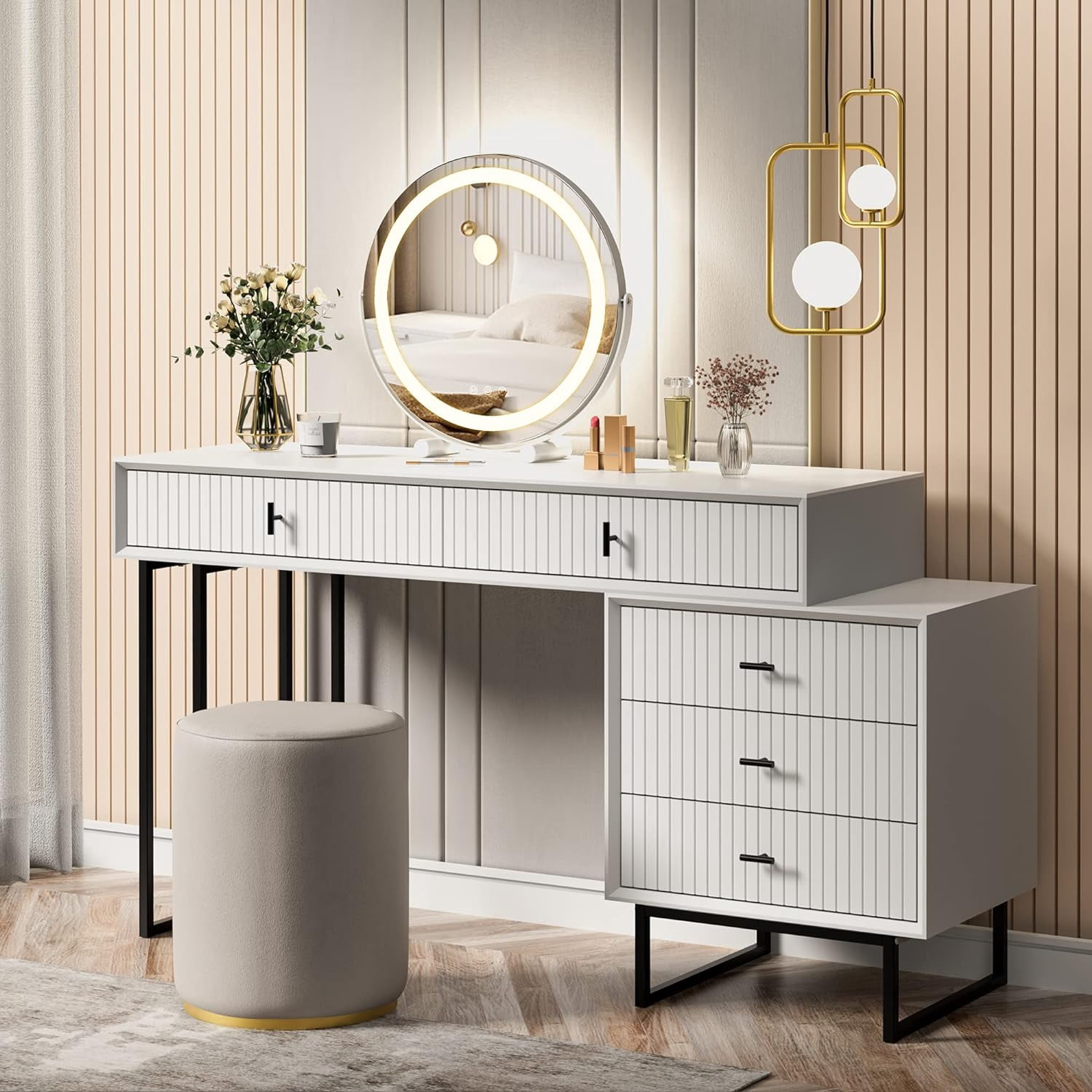 Anbuy Large White Makeup Vanity Desk with 3-Color Touch Screen Lighted ...