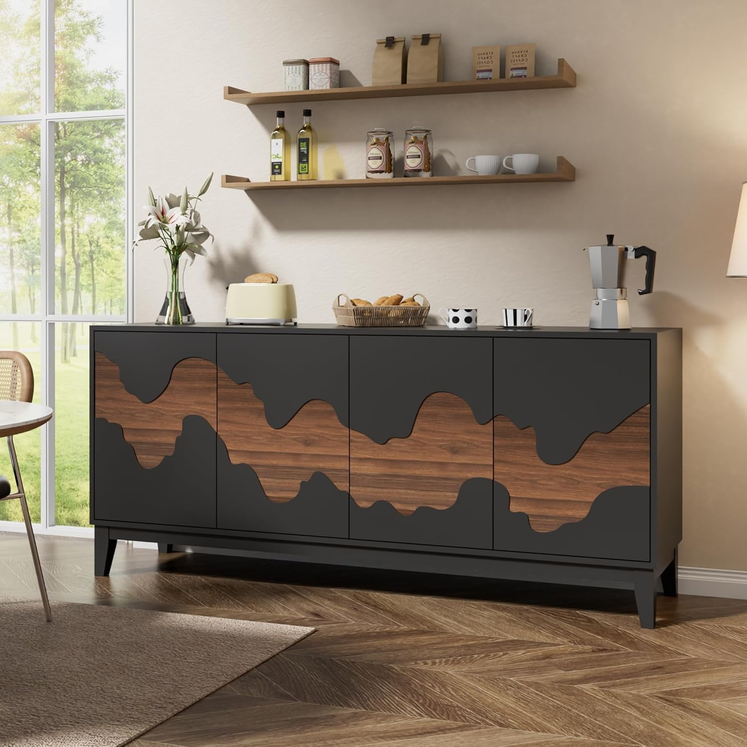Anbuy Modern 4 Door 63'' Sideboard Buffet Cabinet with Brown Water ...