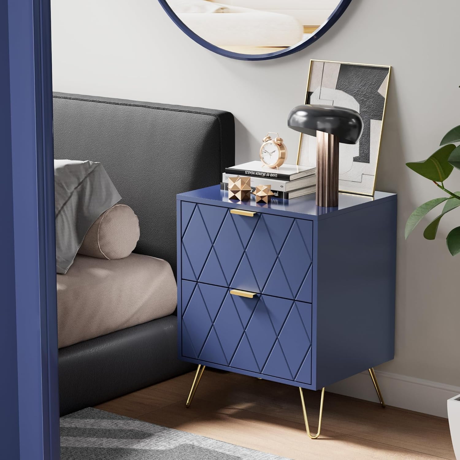 Anbuy Navy Blue Nightstand, Bedside Table with 2 Spacious Drawers ...