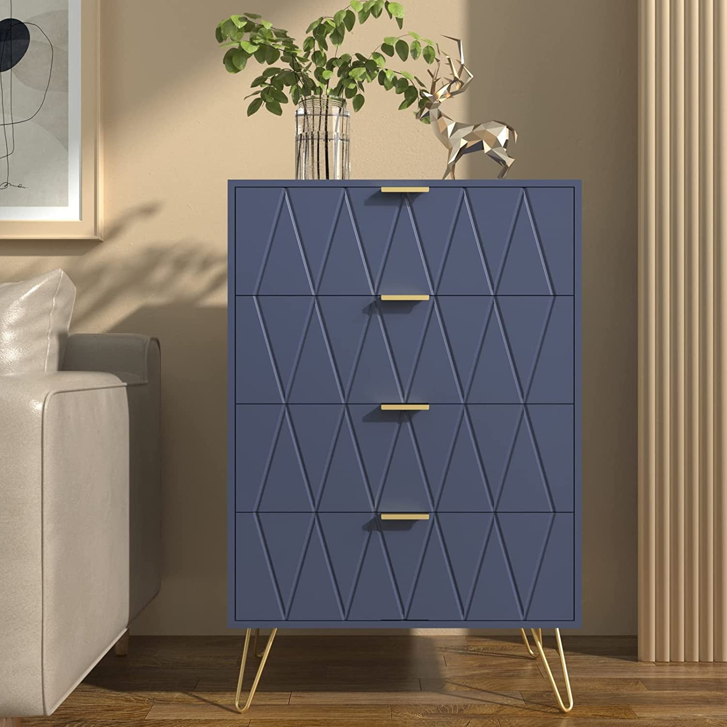 Anbuy Navy Blue Tall 4 Drawer Dresser Black with Gold Handles, Drawer ...