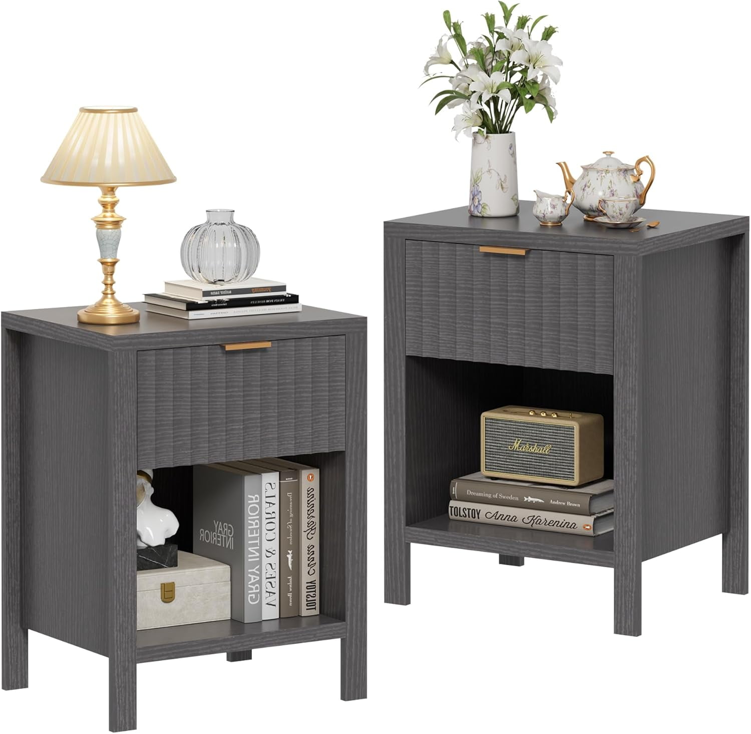 Anbuy Nightstands Set of 2,Fluted Nightstands with Metal Handle,Wooden ...