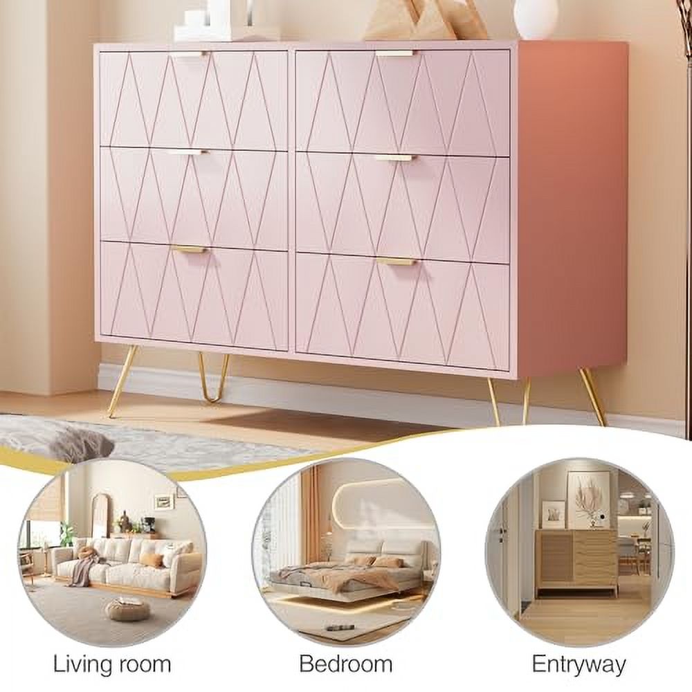 Anbuy Pink 6 Drawer Dresser for Bedroom, Double Dresser with Wide ...