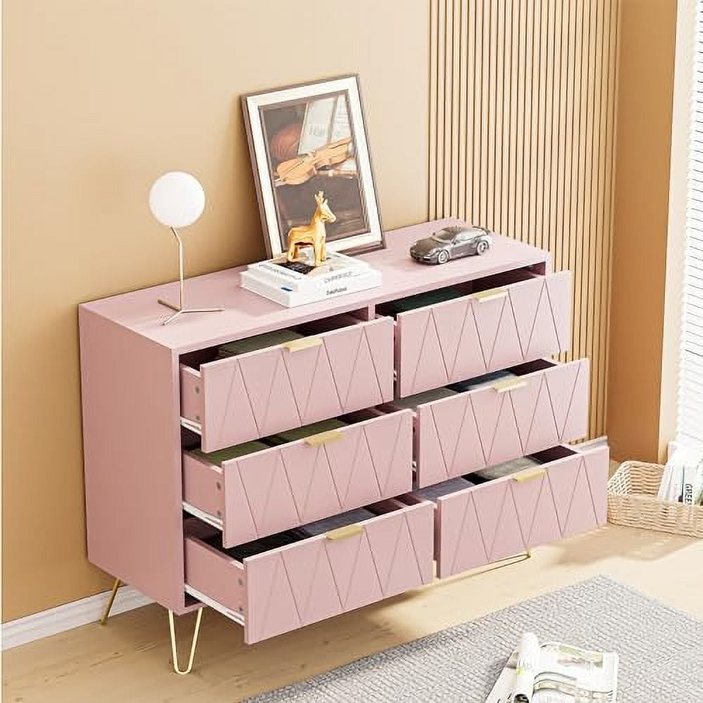Anbuy Pink 6 Drawer Dresser for Bedroom, Double Dresser with Wide ...