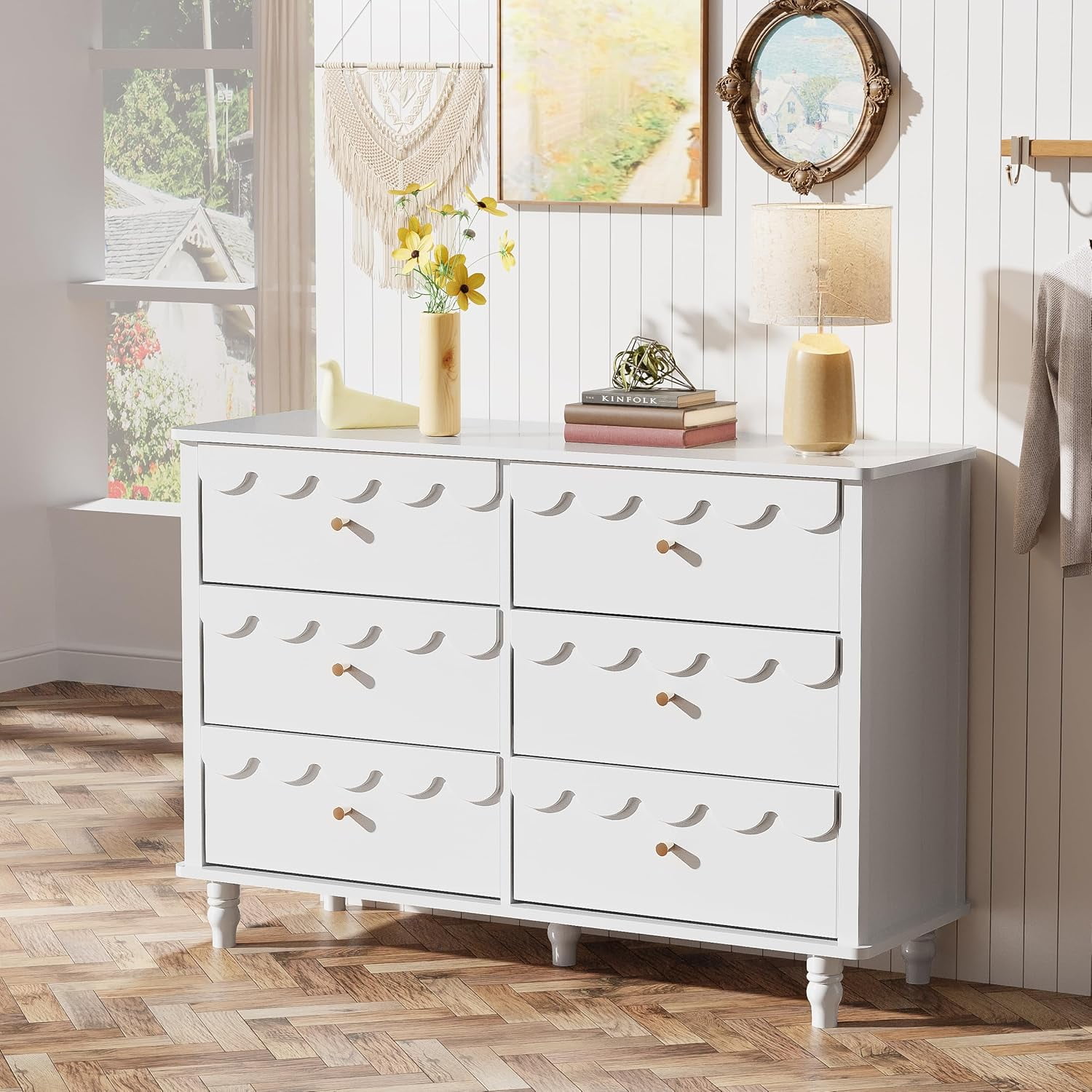Anbuy White 6 Drawer Dresser for Girls Bedroom, Modern Wide Chest of ...