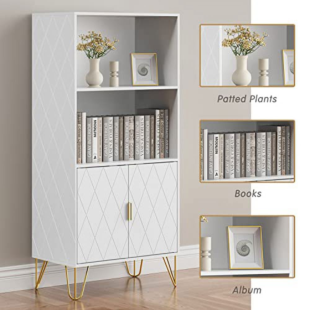 Anbuy White Bookshelf, 3 Tier Tall Bookcase with Doors, Storage Wood ...