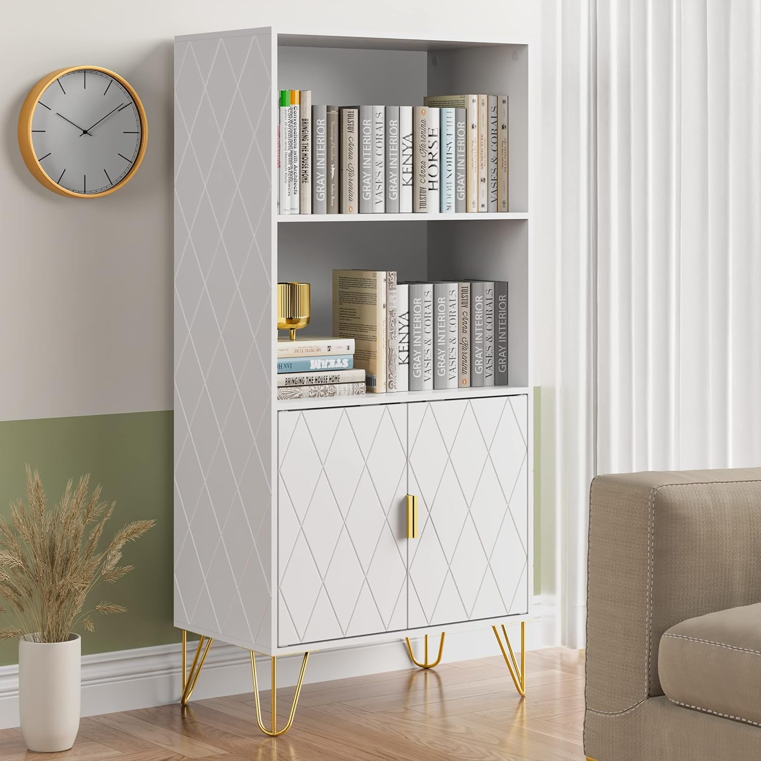Anbuy White Bookshelf, 3 Tier Tall Bookcase with Doors, Storage Wood ...