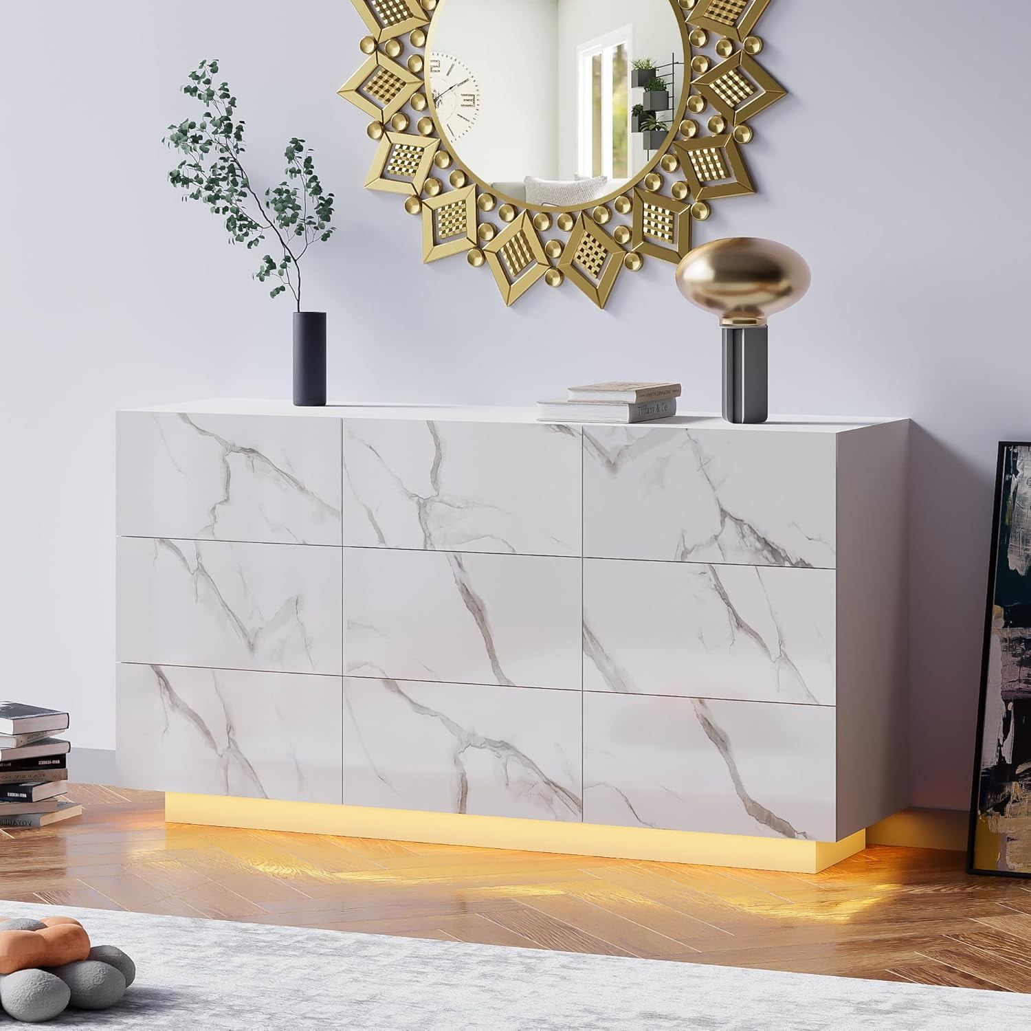 Anbuy White Marble LED 9 Drawer Double Dresser, Dressers with High ...