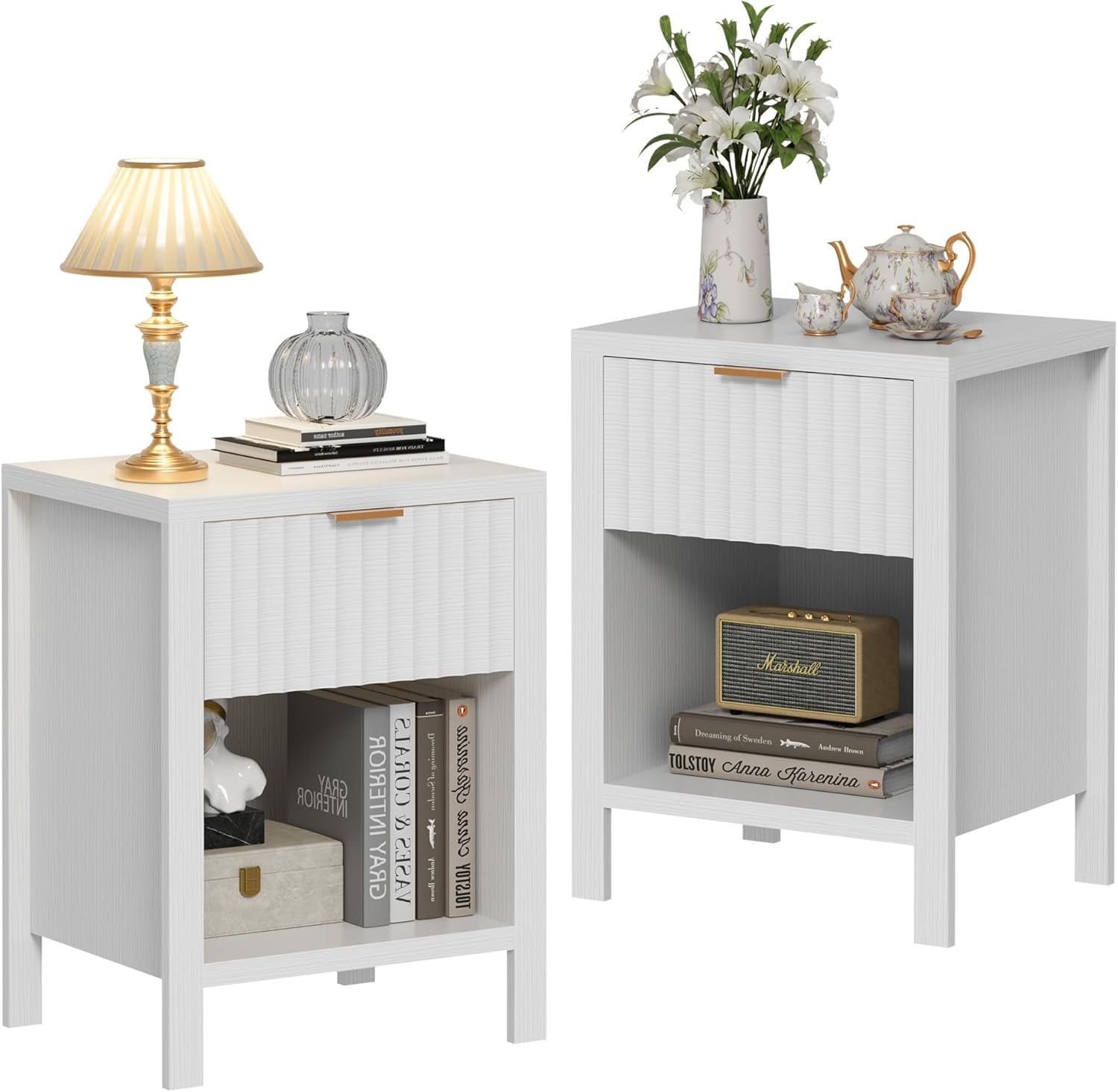 Anbuy White Nightstands Set of 2,Fluted Nightstands with Metal Handle ...