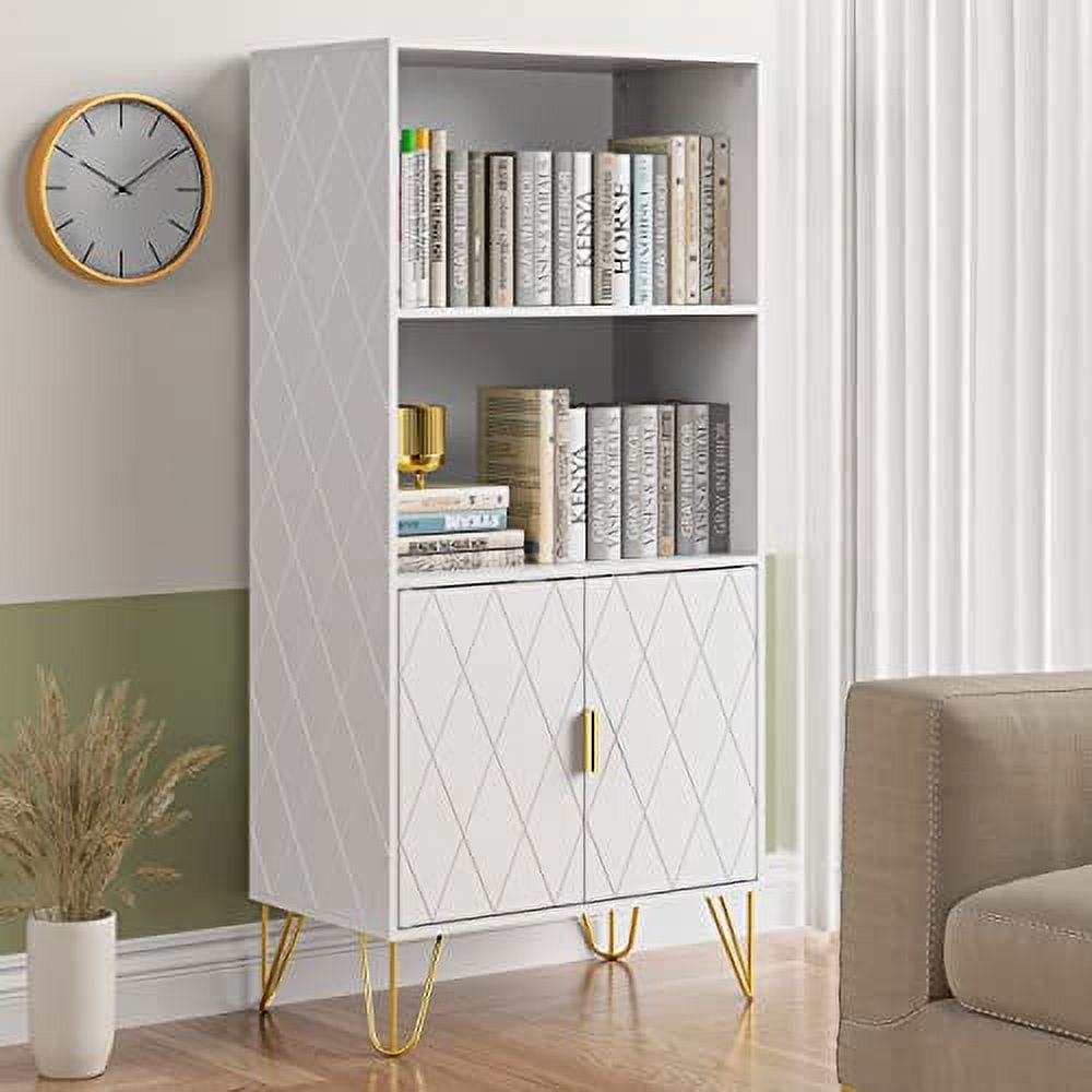 Anbuy White Open Shelf Bookcase with Doors, Floor Standing Display ...