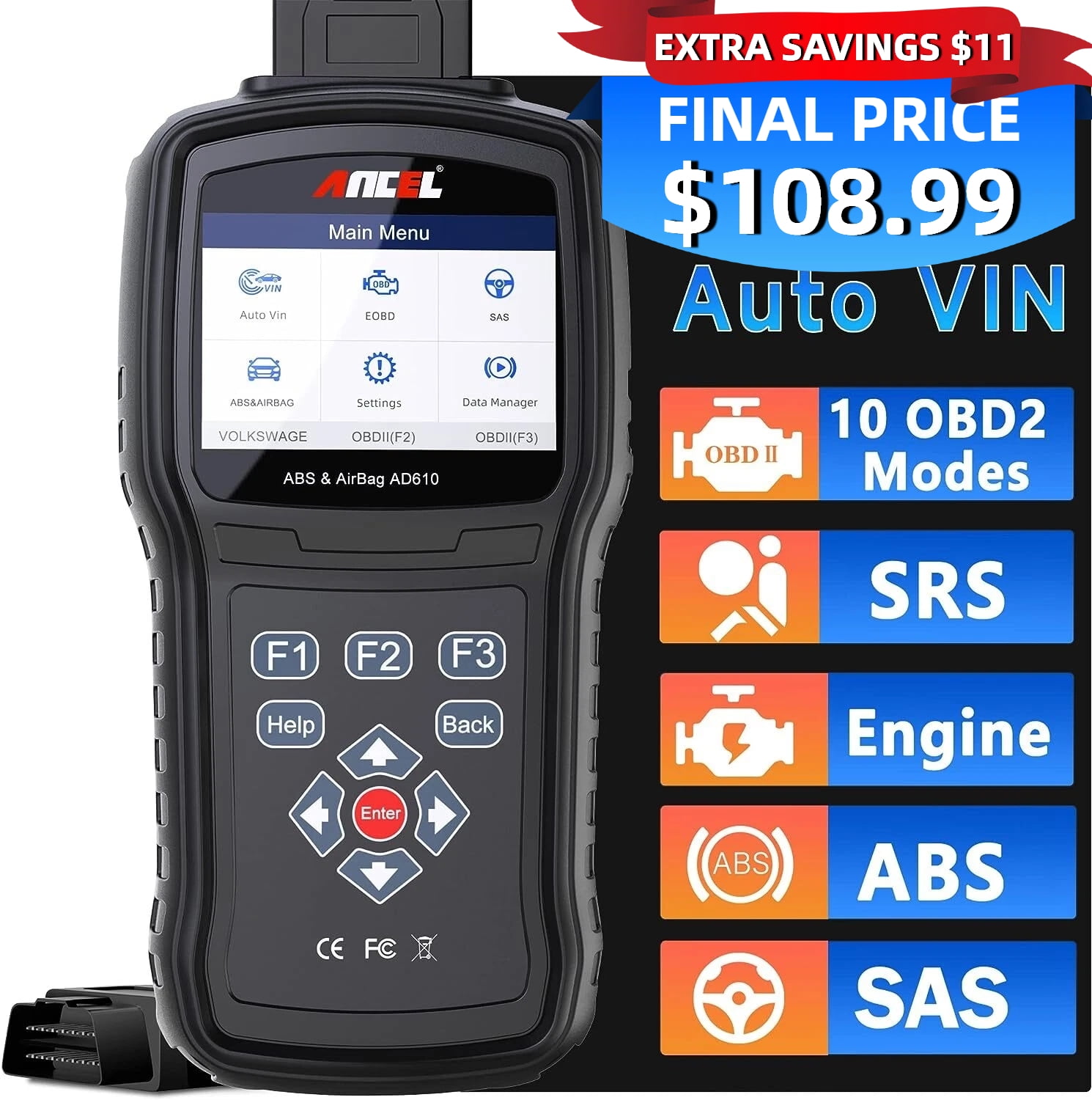 Ancel AD610 Plus OBD2 Scanner ABS Airbag SRS Crash Data Reset Tool SAS ...