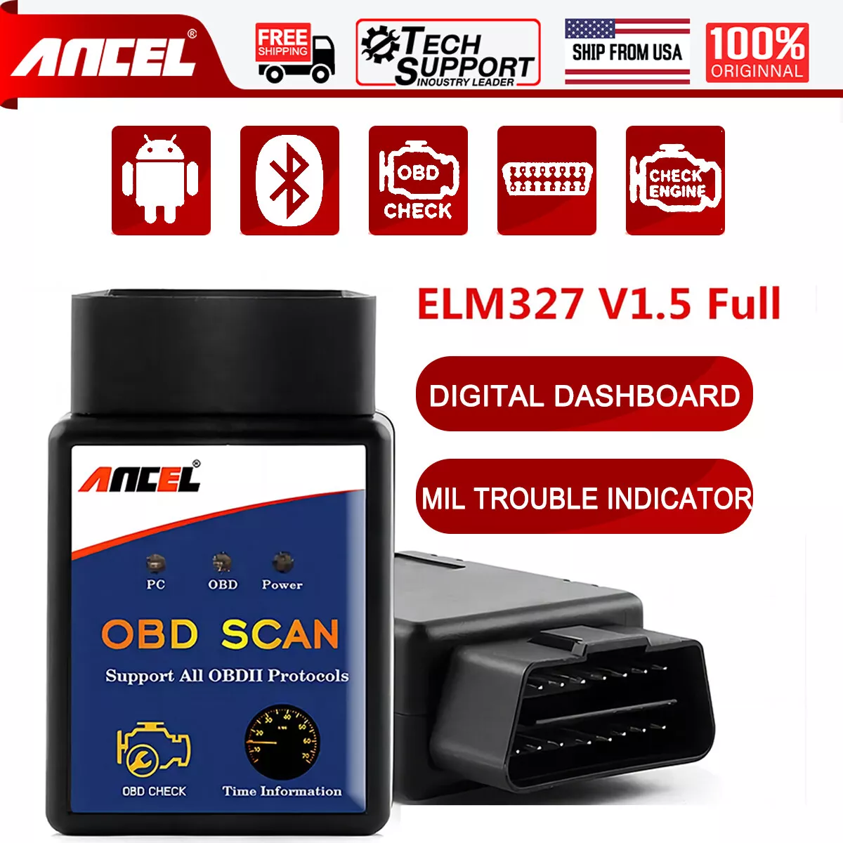 Ancel ELM327 V1.5 Bluetooth OBD2 Scanner Car Diagnostic Tool Engine ...