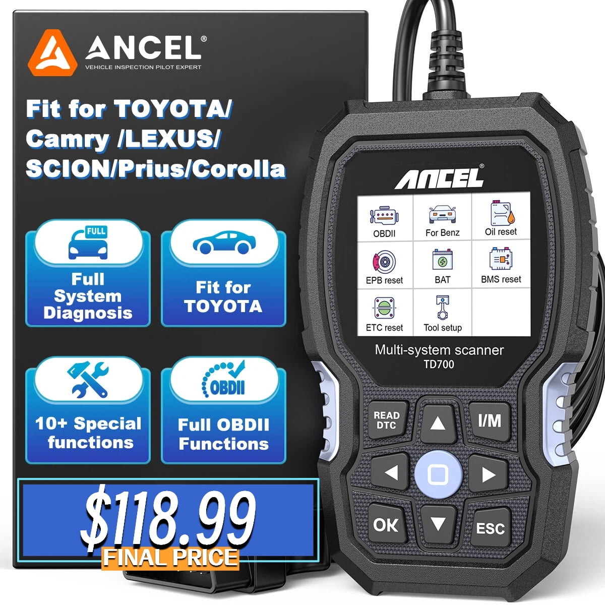 Ancel TD700 Pro OBD2 Scanner for Toyota, Lexus, Scion, Diagnostic Tool ...