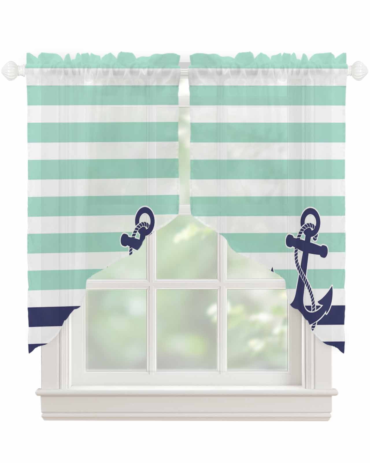 Anchor Aqua Swag Valances for Windows, Modern Navy Blue White Striped ...