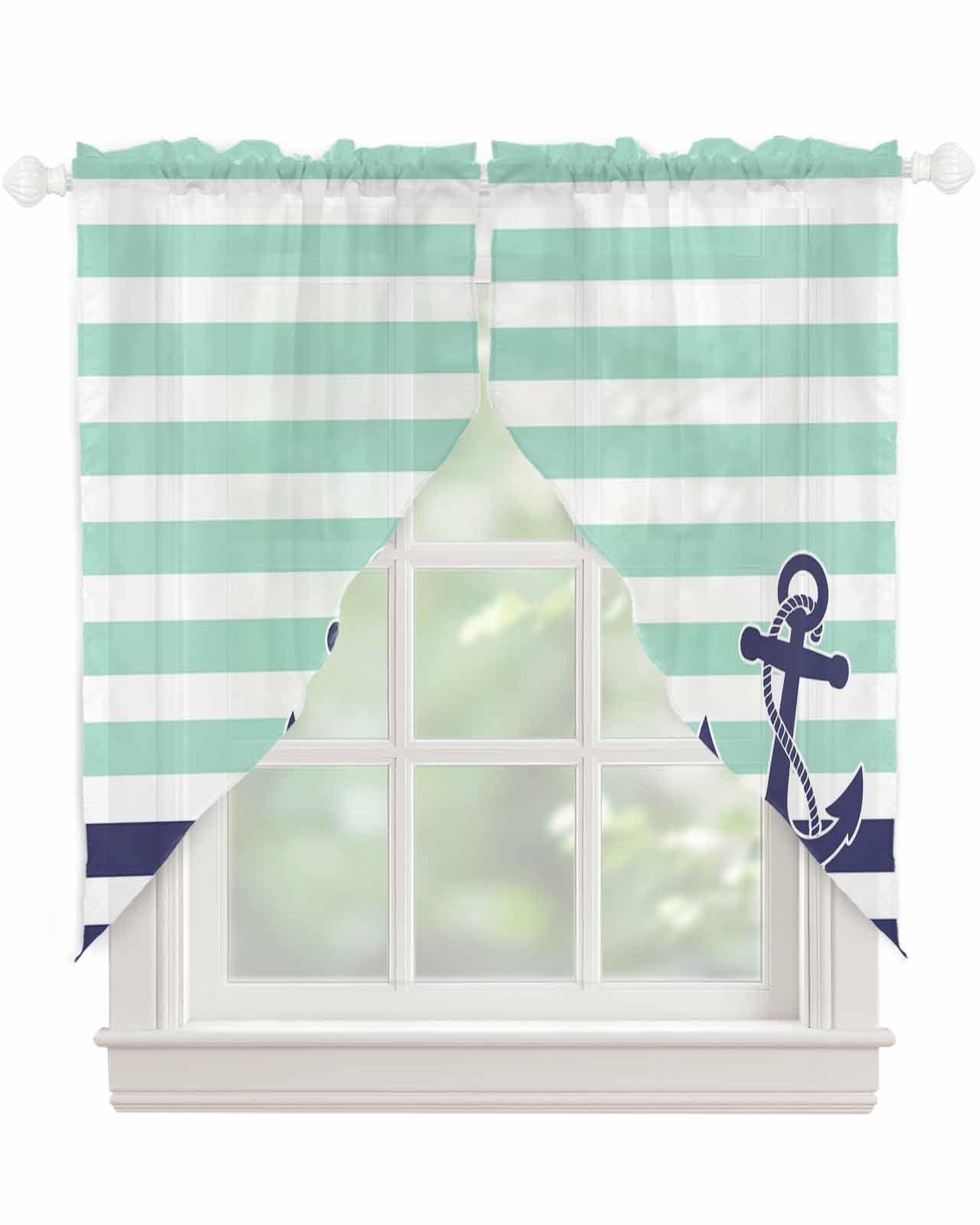 Anchor Aqua Swag Valances for Windows, Modern Navy Blue White Striped ...