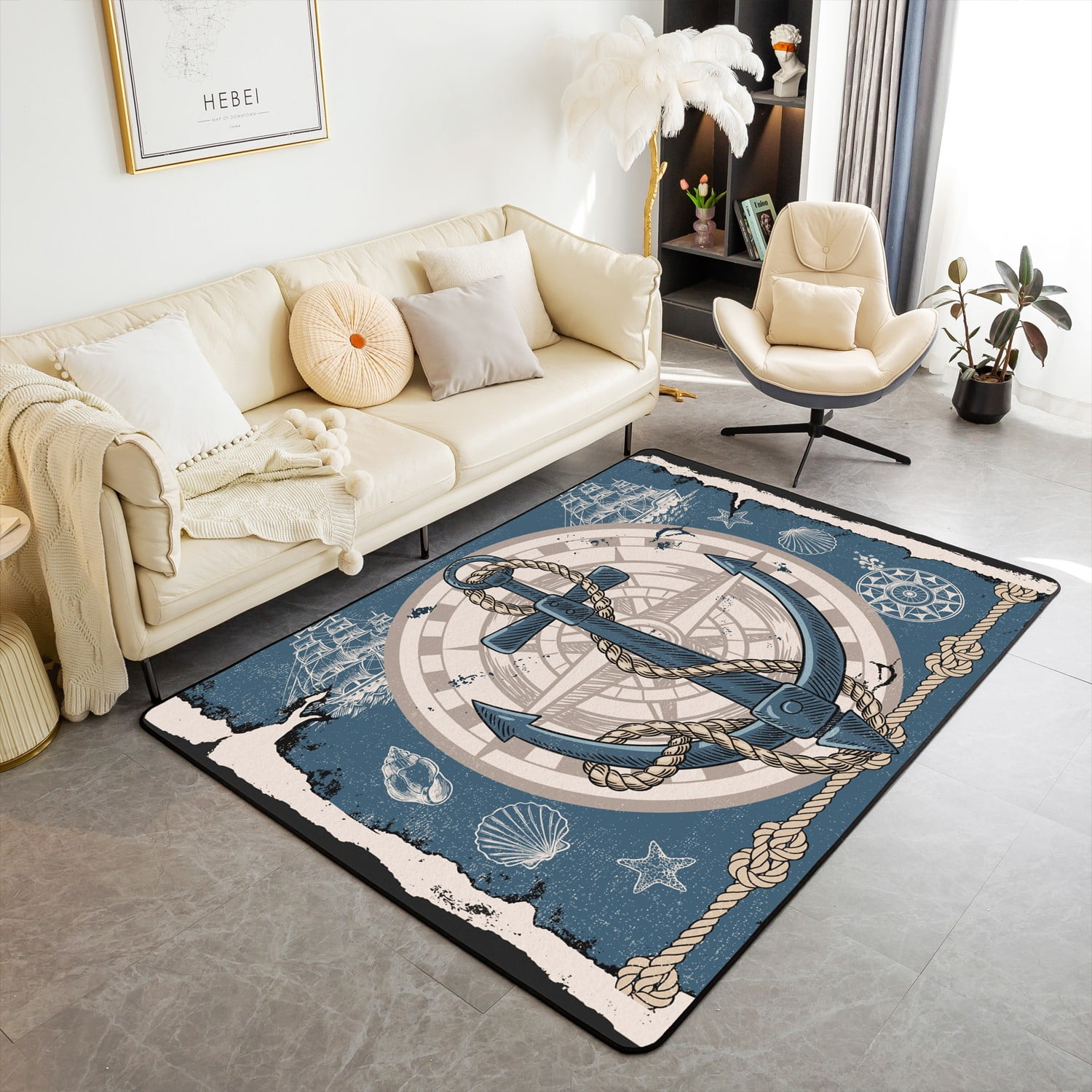 Anchor Area Rug Men,Vintage Nautical Rug for Teens,Navy Blue Ocean ...