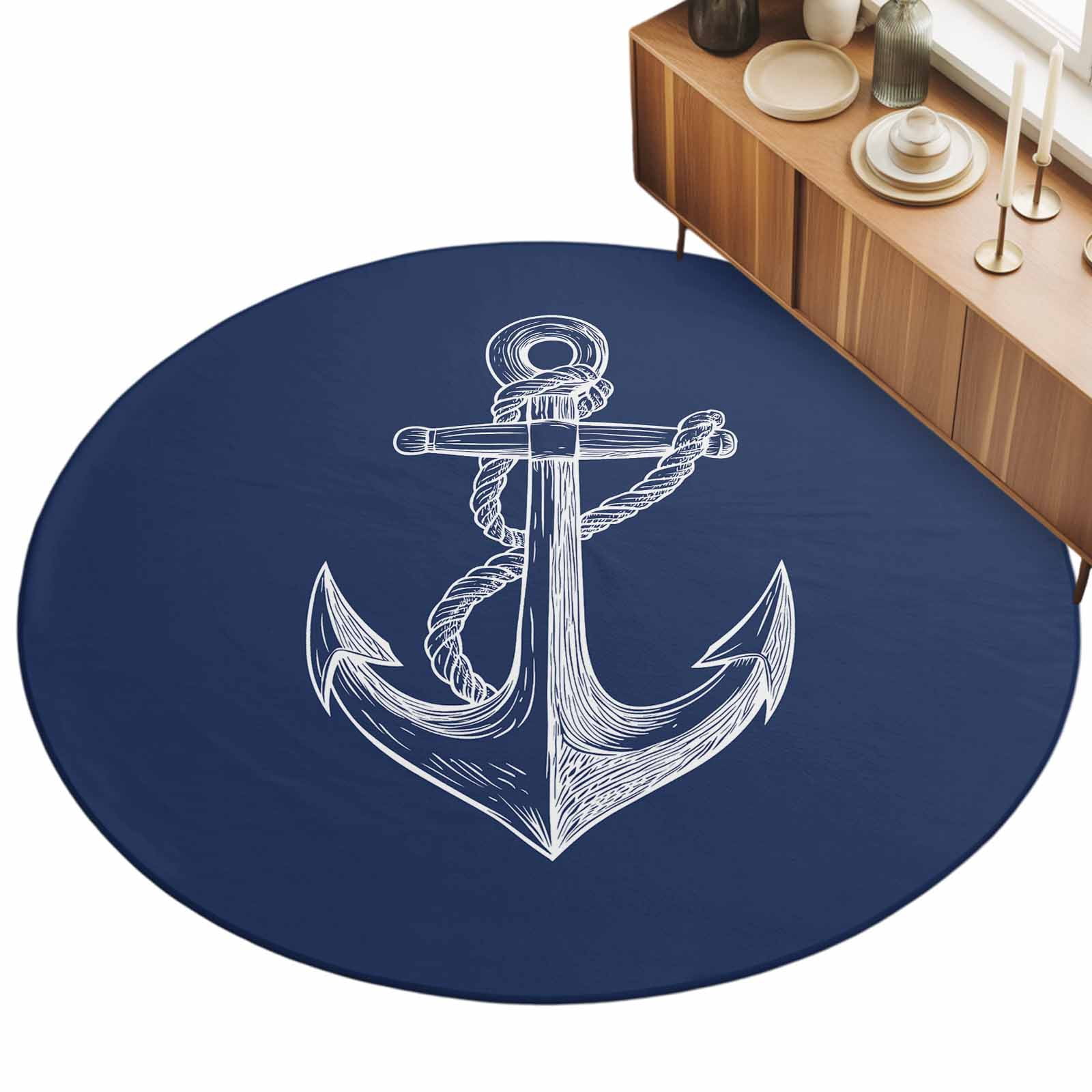 Anchor Area Rugs 3.3' (Round) Nautical Knot Floor Rug Non Slip Low Pile ...