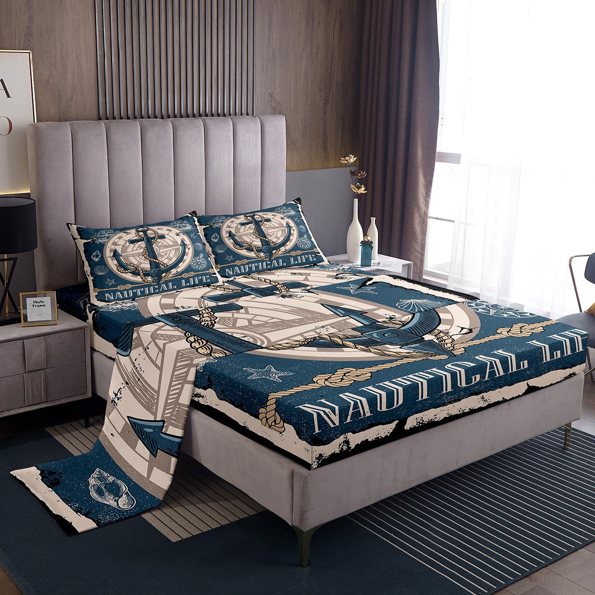 Anchor Bed Sheets Set Men,Vintage Nautical Sheet Set for Teens,Navy ...