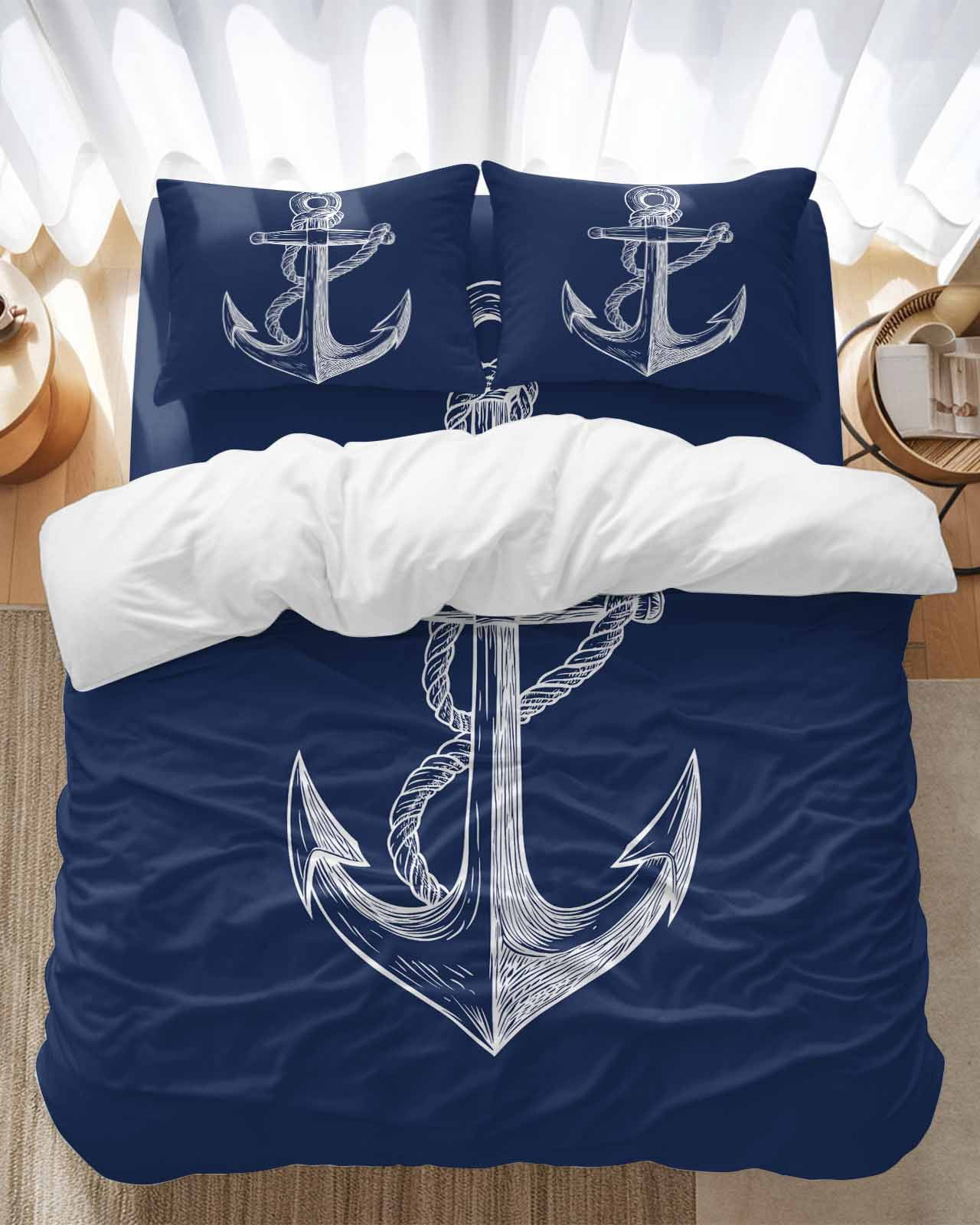 Anchor Bedding Duvet Cover Set Queen Size 4 Pieces Nautical Knot Navy ...