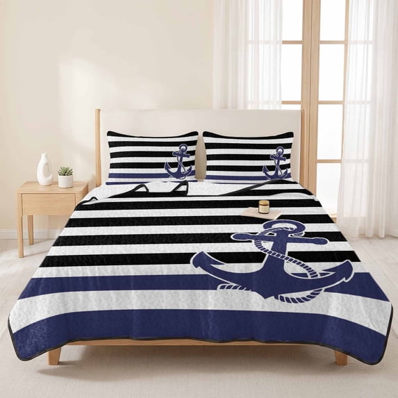 Anchor on Black Navy Stripes 3 Pieces Quilt Set,1 Quilt with 2 Shams ...