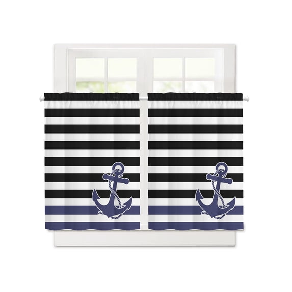 Anchor on Black Navy Stripes Short Blackout Curtains 36 Inch Long ...
