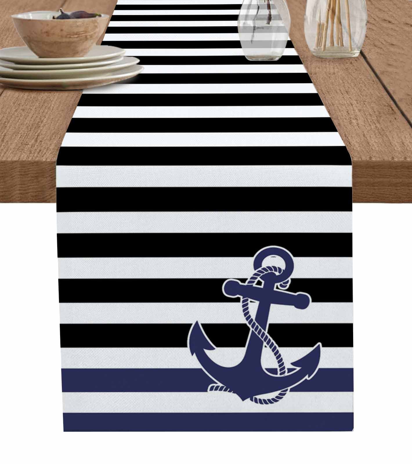 Anchor Black Table Runner 72 Inches, Modern Navy Blue White Striped ...