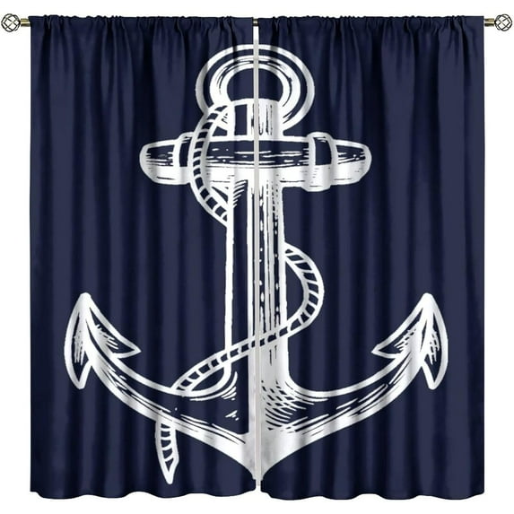 Anchor Blackout Curtains Retro Abstract Nautical Navy Blue White Kids ...