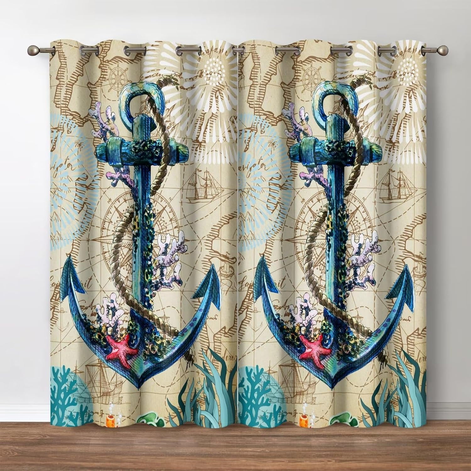 Anchor Blackout Curtains,Retro Nautical Seabed Decor,Vintage Marine ...