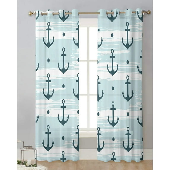 Anchor Blue Dots Arrow Retro Tulle Drapes for Living Room Bedroom Sheer ...