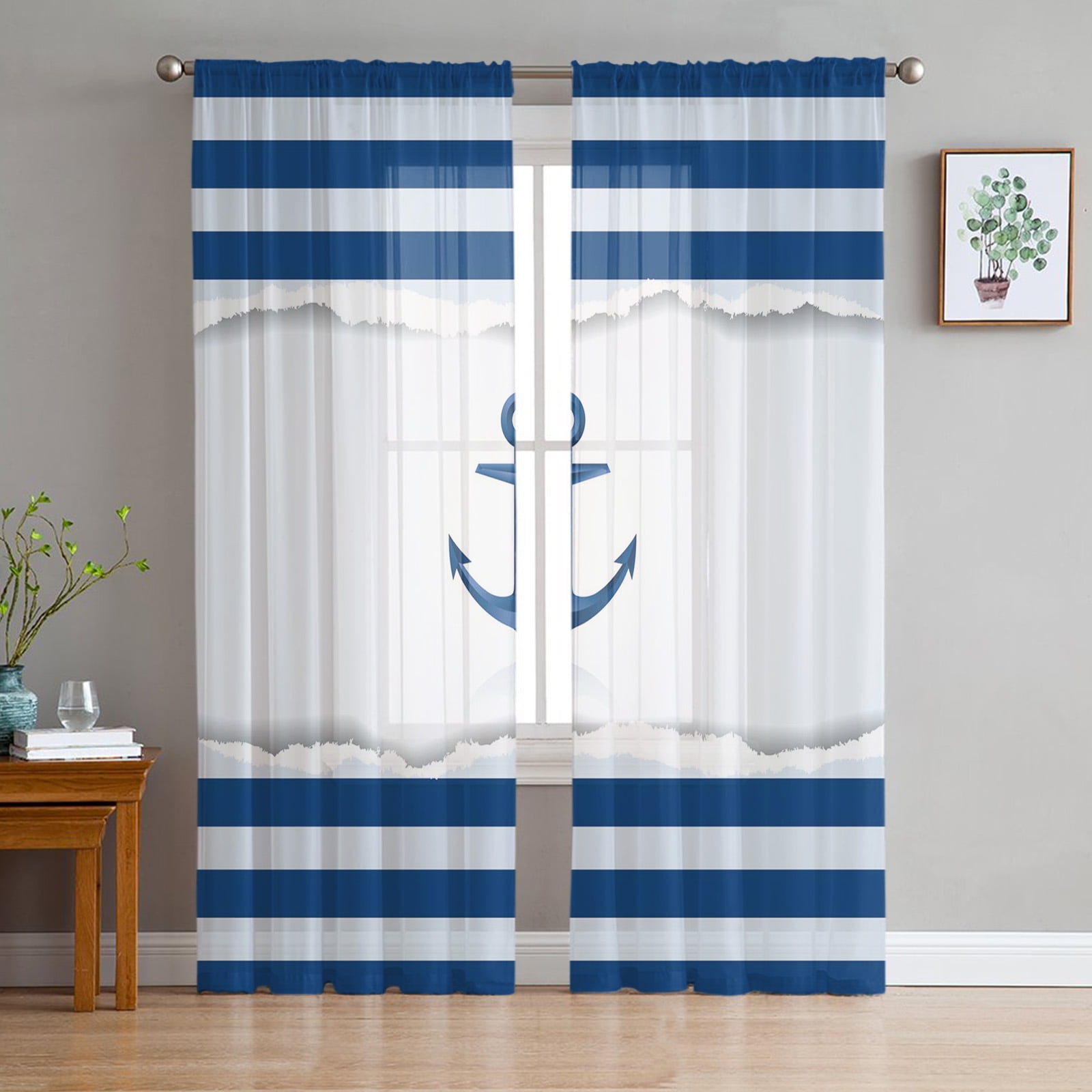 Anchor Blue Repeating Retro Sheer Curtain for Living Room Bedroom Voile ...
