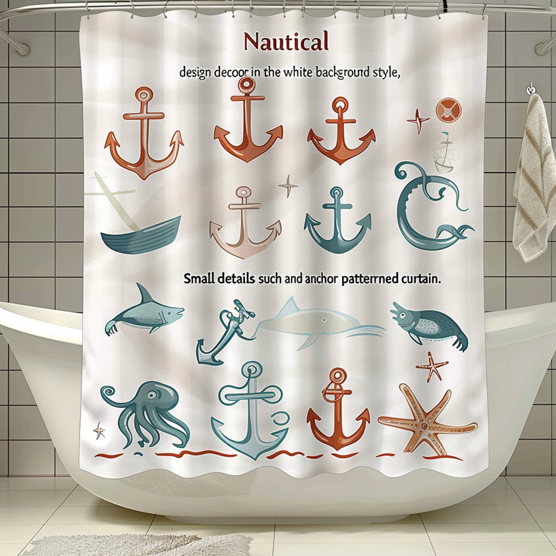 Anchor Boat Shower Curtain Coastal Bathroom Decor with Octopus Statues ...