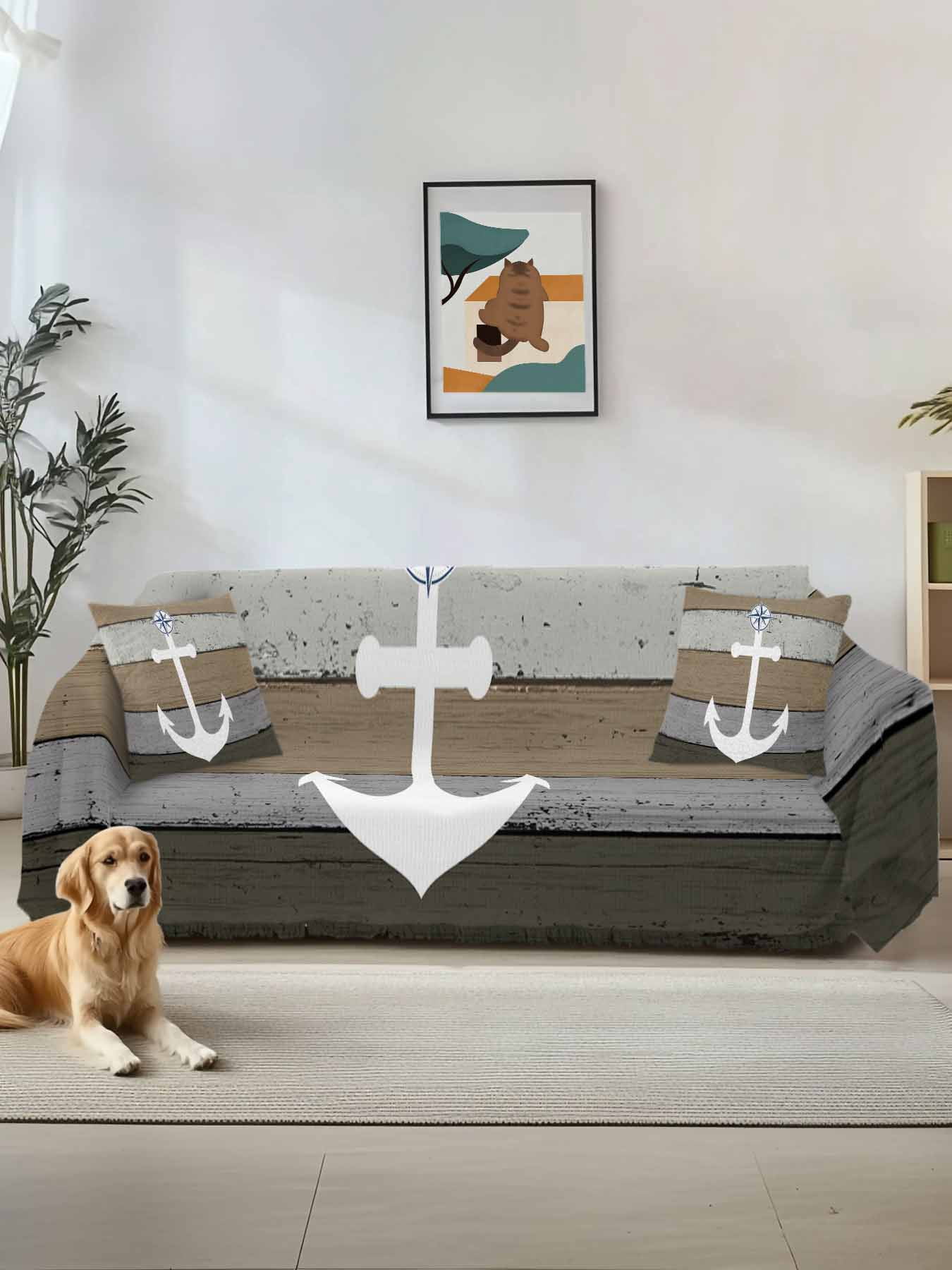Anchor Brown Couch Cover for 2 Cushion Couch, Nautical Grey Rustic ...