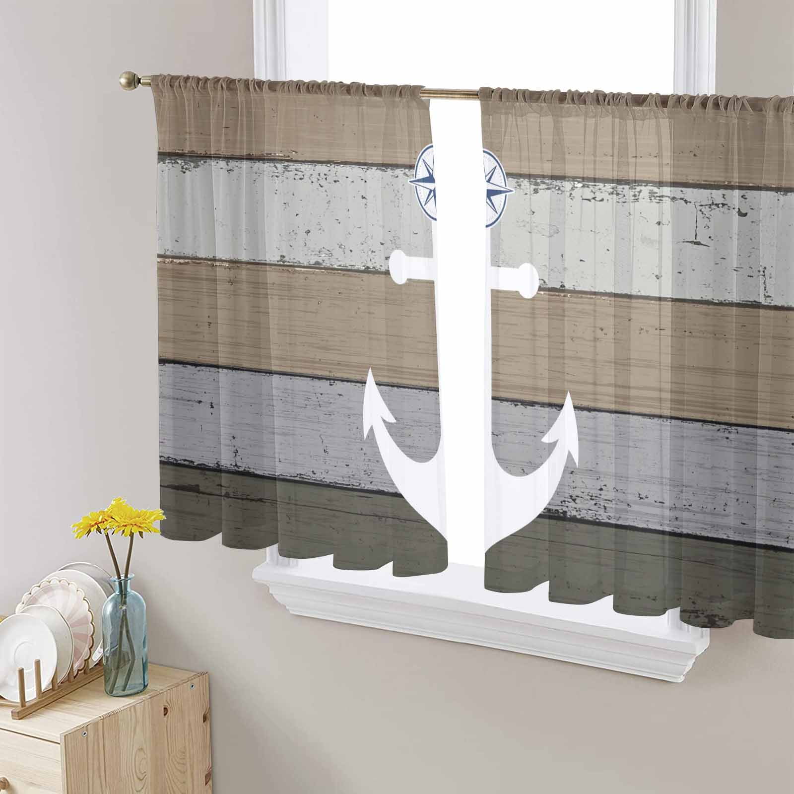 Anchor Brown Semi Sheer Curtains 45 Inch Length 2 Panels Set, Nautical ...