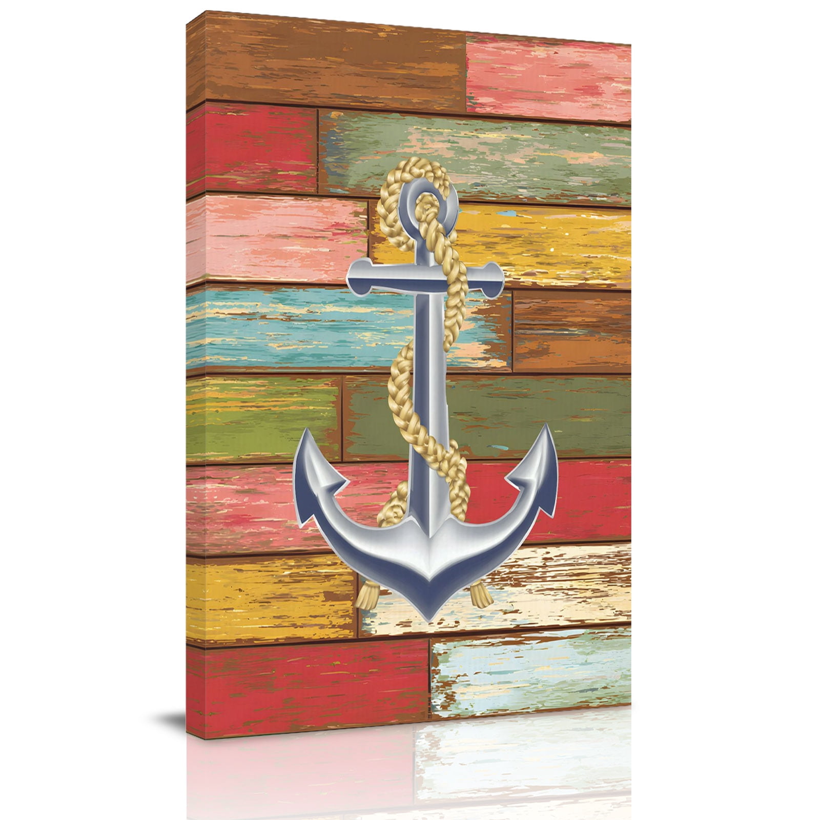 Anchor Canvas Wall Art for Living Room, Rope Vintage Brown Green Wood ...