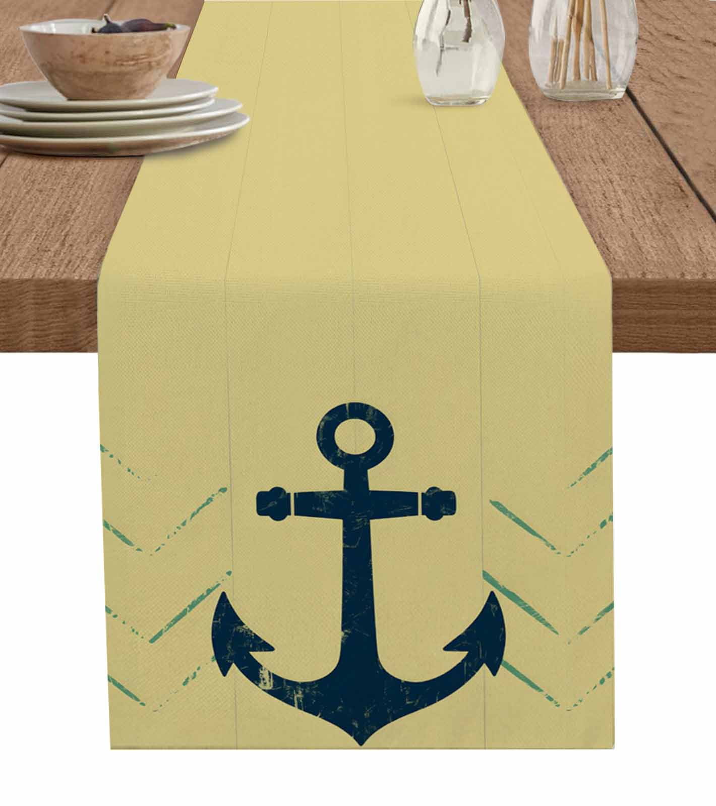 Anchor Coastal Table Runner 120 Inches, Nautical Navy Blue Beige Ocean ...