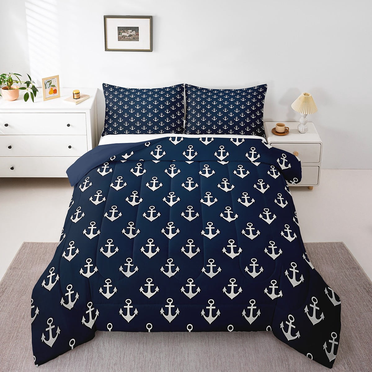 Anchor Comforter Set Ocean Themed Bedding Sets Geometry Stripes Bedding ...