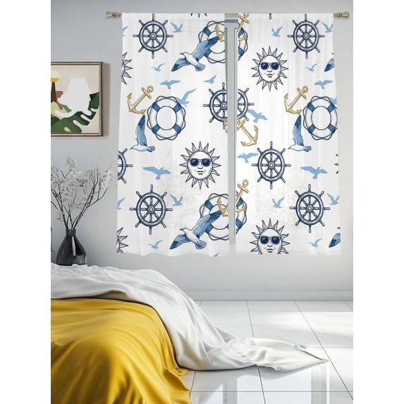 Anchor Compass Seagull Sun Chiffon Sheer Curtains 63 Inches Long Summer ...