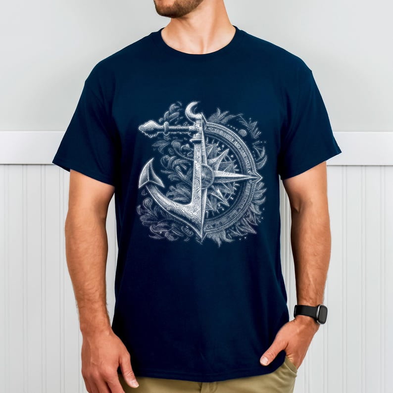 Anchor Compass T-Shirt, nautical windrose design in engraved style ...