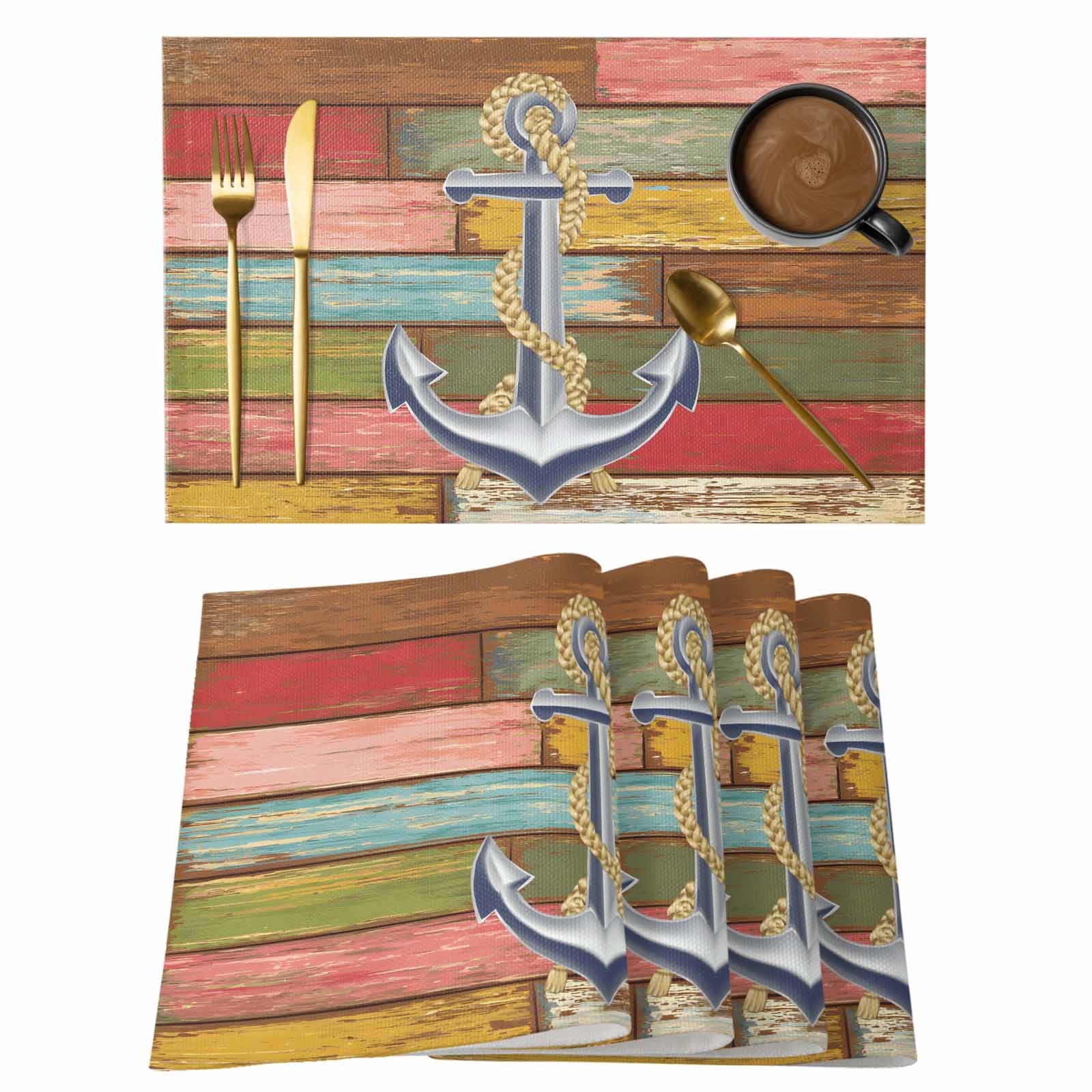 Anchor Cotton Linen Placemats Set of 2, Rope Vintage Brown Green Wood ...