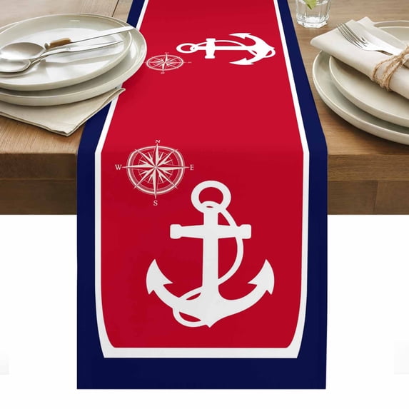 Anchor Cotton Linen Table Runner Compass Nautical Navy Blue Red Dining ...